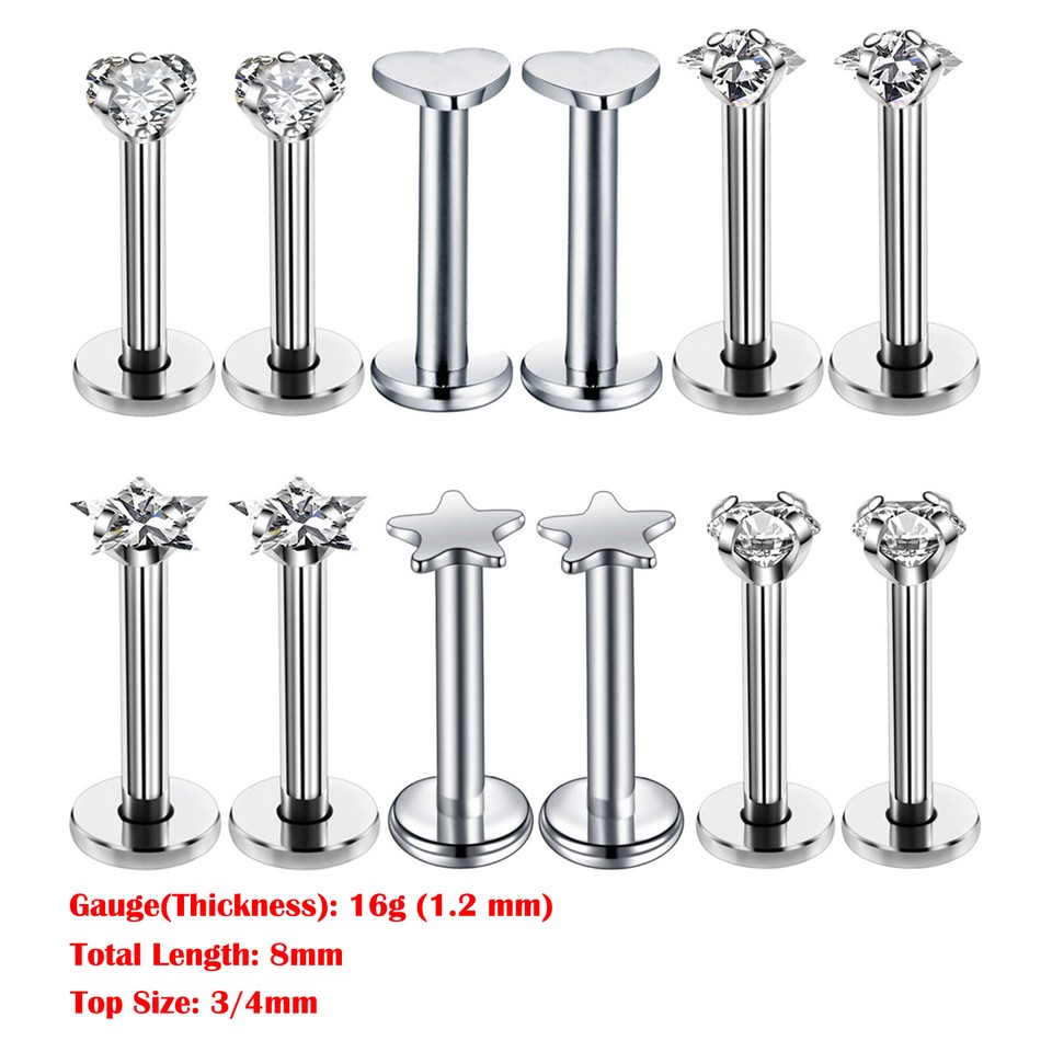 16G Labret Rings Lip Studs Surgical Steel/UV Nose Ring Tragus Cartilage ...