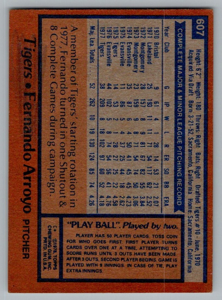 1978 TOPPS FERNANDO ARROYO DETROIT TIGERS #607 | eBay