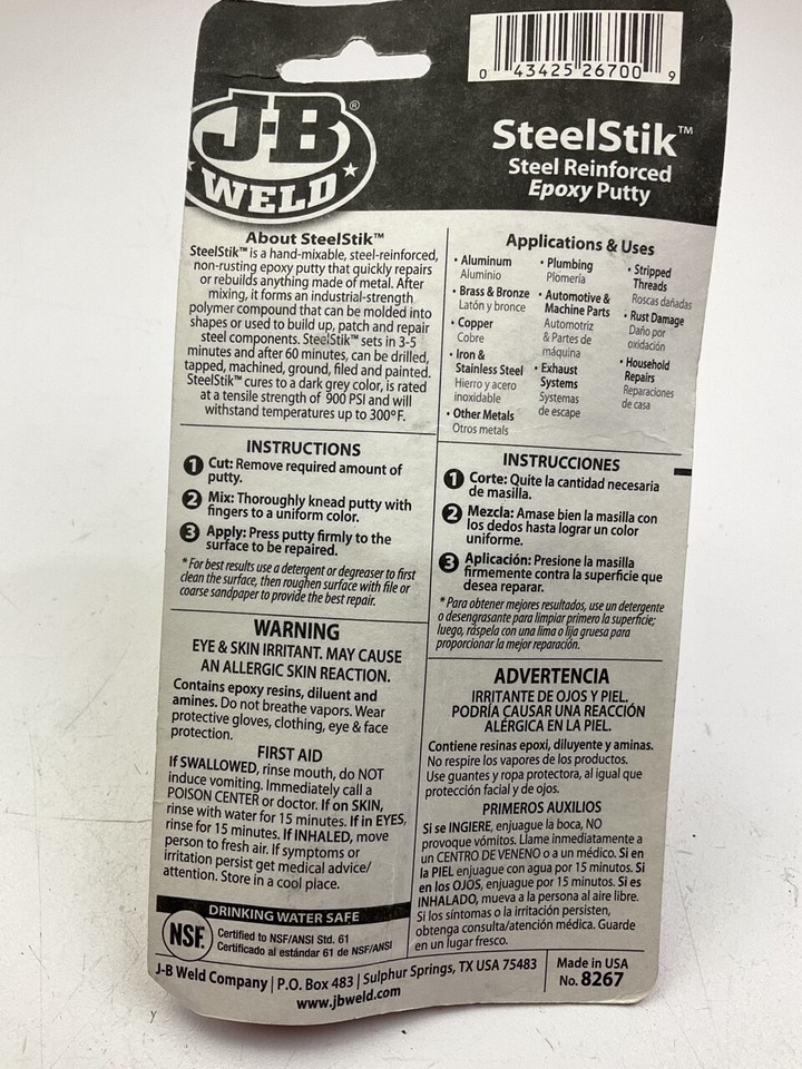 J-B Weld 8267 SteelStik Steel Reinforced Epoxy Putty Stick - 2 Oz ...