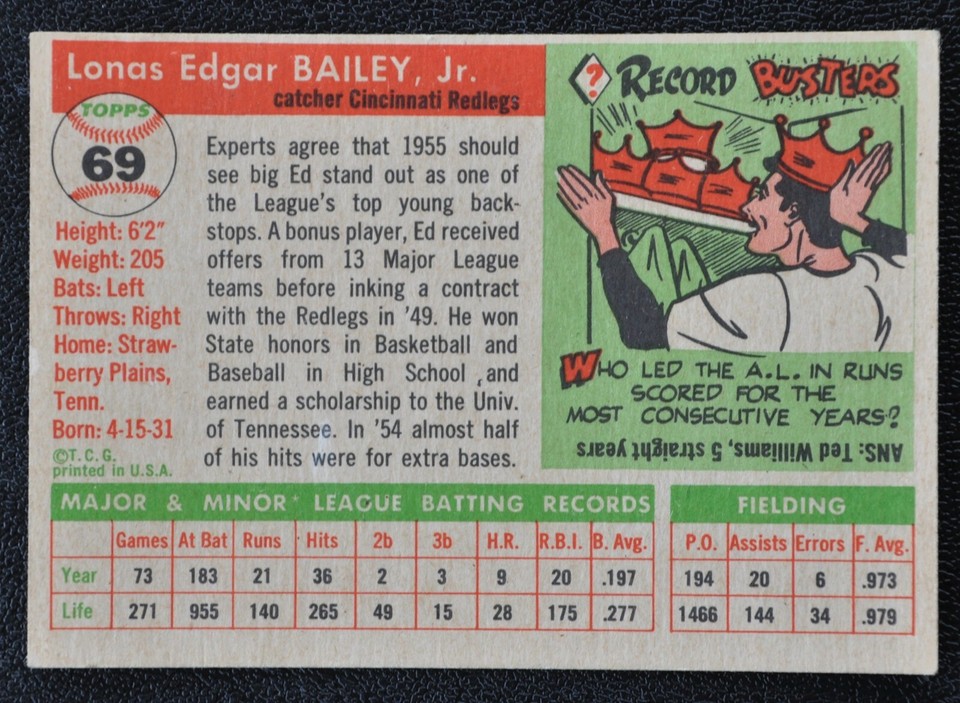 1955 TOPPS BASEBALL CARD #69 ED BAILEY CINCINNATI REDLEGS EX | eBay