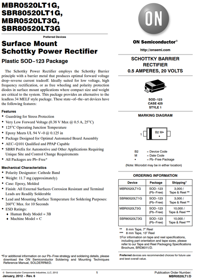 25Pcs MBR0520LT1G MBR0520 Onsemi SMD Schottky Diode 20V 0.5A SOD123 0 ...