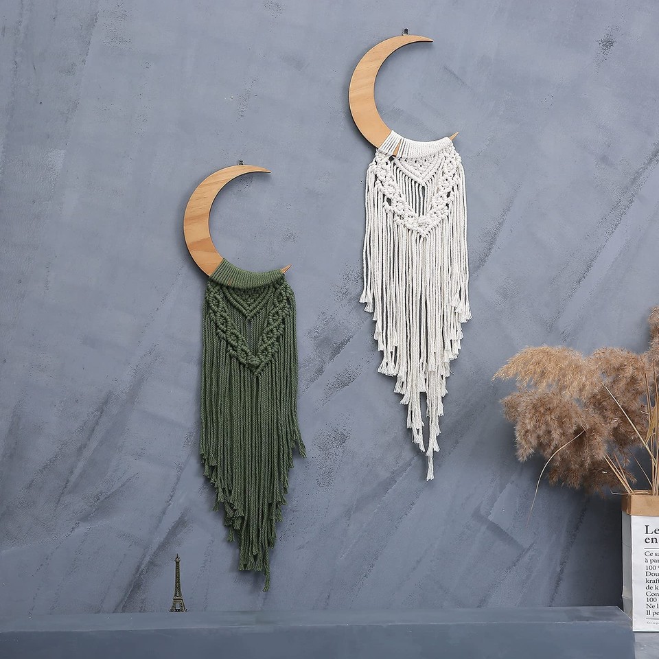 Macrame Wall Hanging Boho Moon Decor, Bohemian Crescent Wooden Ornament ...