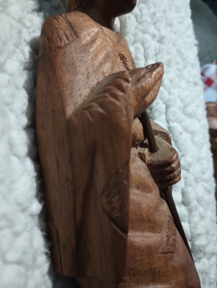 tall thin lady vintage wood carving has dog, stick very detailed bare ...