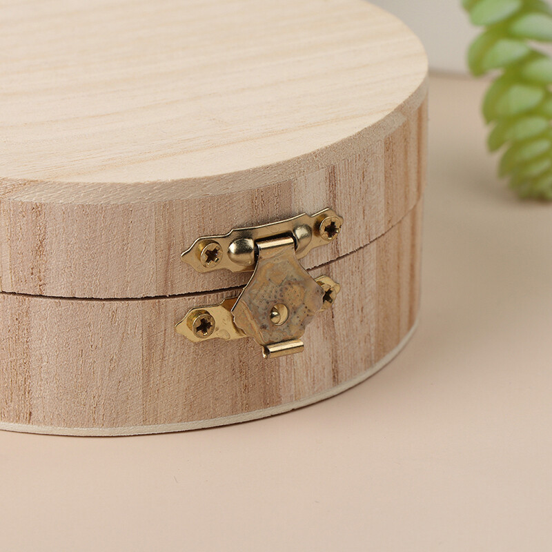 Vintage Round Wooden Jewelry Box Organizer Craft Mud Base Lid Lock ...