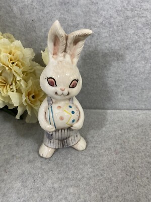 VINTAGE HAND PAINTED CERAMIC BUNNY RABBIT HOLDING A LARGE EGG | eBay