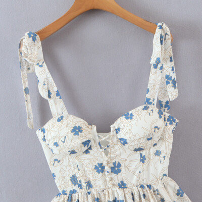 Damen Blumen Träger Hemdchen Kleid Sweetheart Ausschnitt Hoch Taille ...