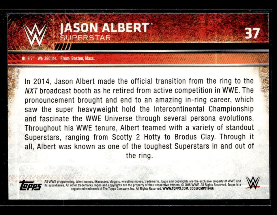 Jason Albert 2015 Topps WWE #37 N/A | eBay