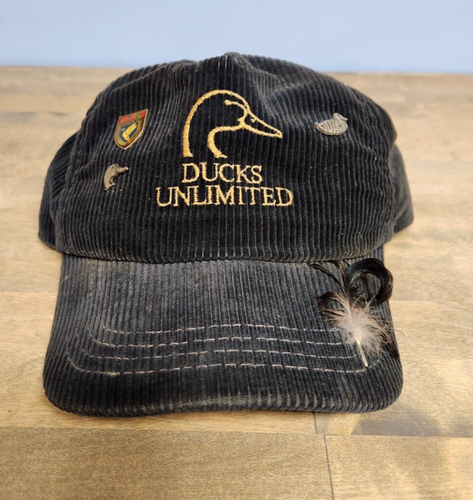 Vintage Ducks Unlimited Corduroy Strap Back Hat with Pins & Feather Cap ...