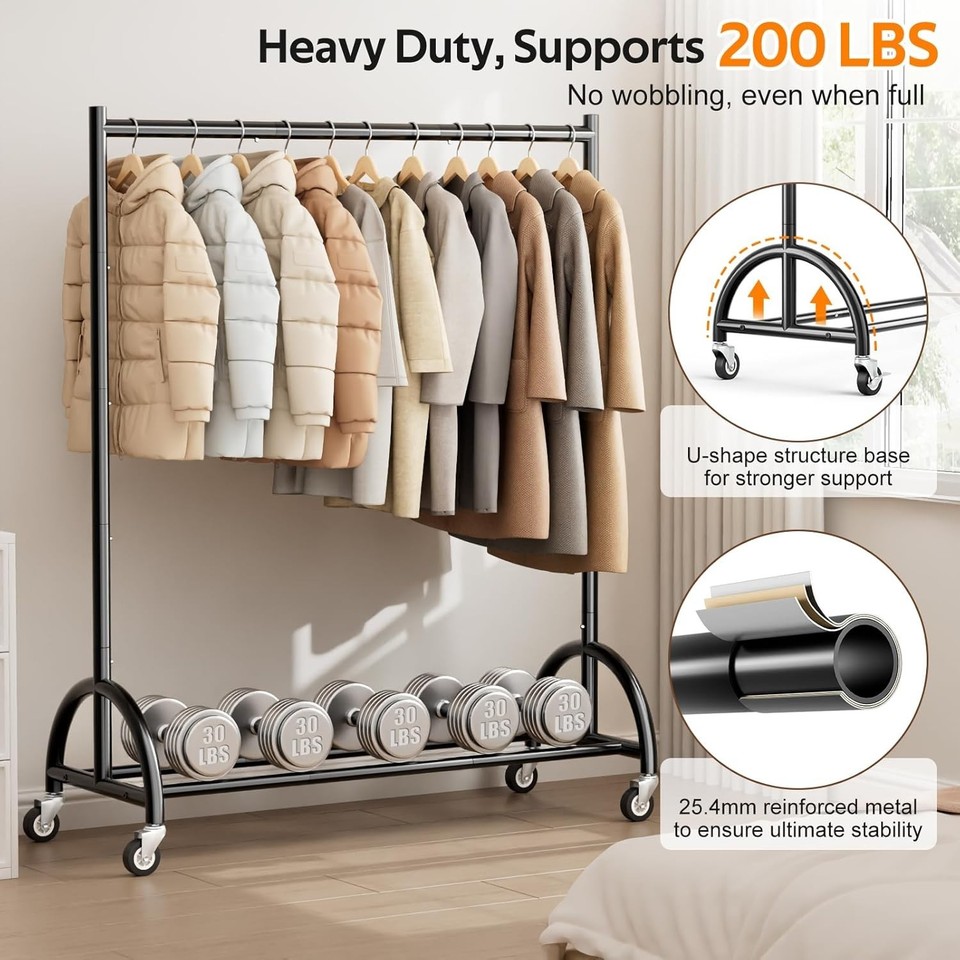 Heavy Duty Clothing Rack with Wheels Rolling Clothes Racks for Hanging ...