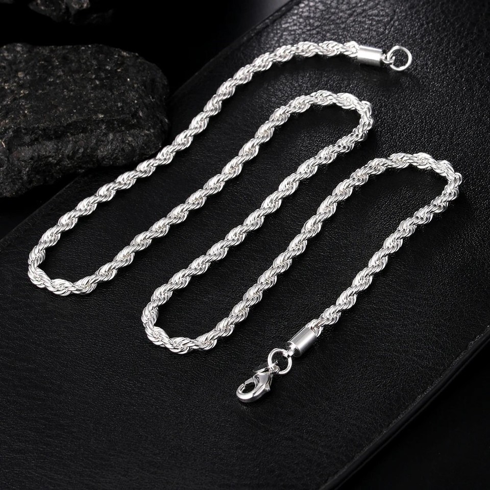 4mm Solid Silver Italian Rope Chain Necklace Diamond Cut Style | eBay