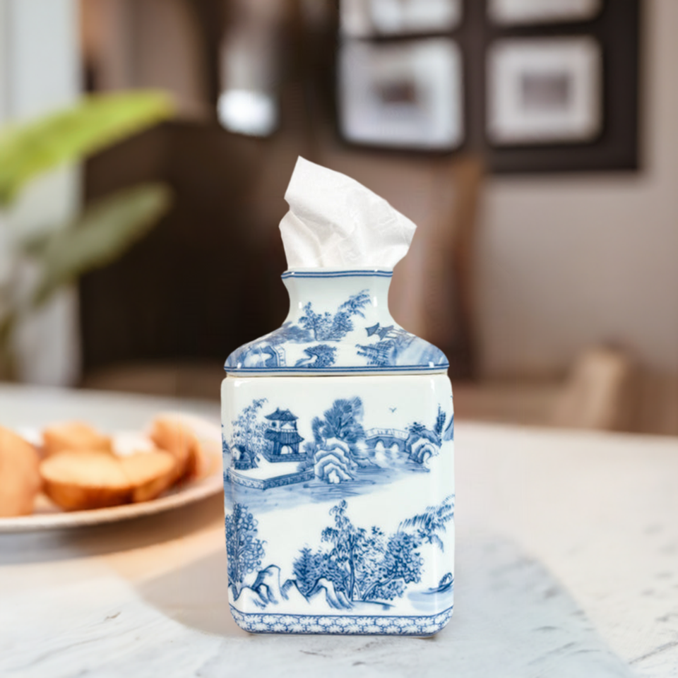Blue and White Chinoiserie Porcelain Tissue Box Cover Holder Square | eBay