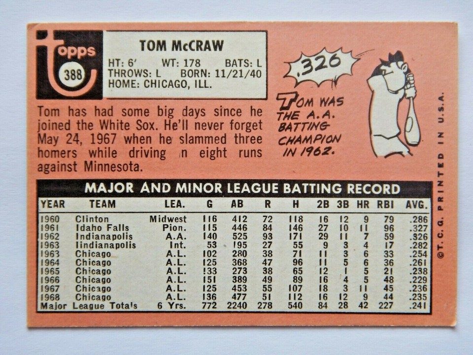 Tom McCraw #388 Topps 1969 Baseball Card (Chicago White Sox) *VG | eBay