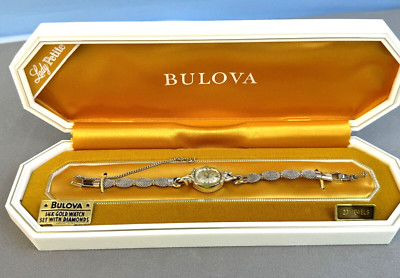 Vintage Bulova "Lady Petite" 14K Gold Diamond Ladies Watch in Original ...