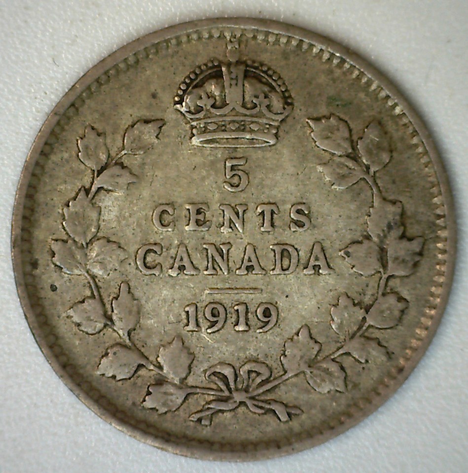 1919 Canada Silver Five Cents Very Good Circulated 5c VG Canadian Coin ...