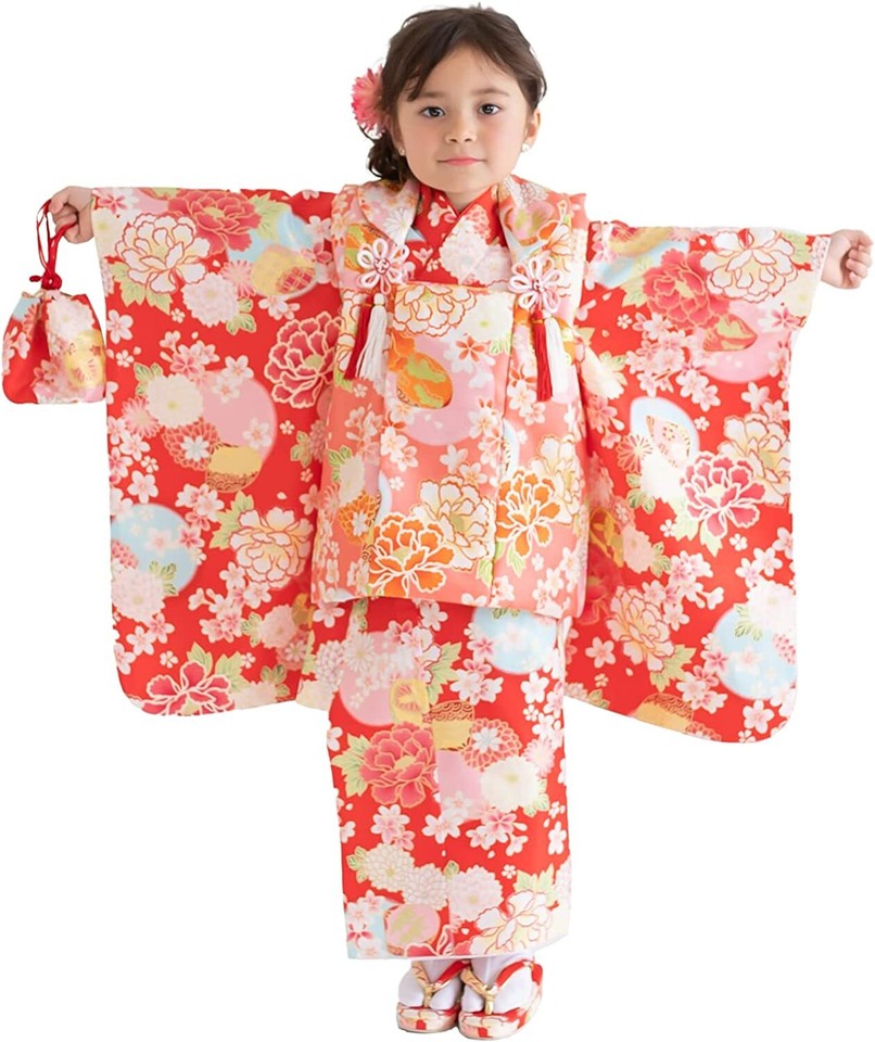 Full Kimono Set Girls Ceremony Celebration 3 years New Years Red Flower ...