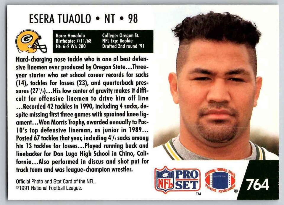 1991 PRO SET ESERA TUAOLO RC GREEN BAY PACKERS #764 | eBay