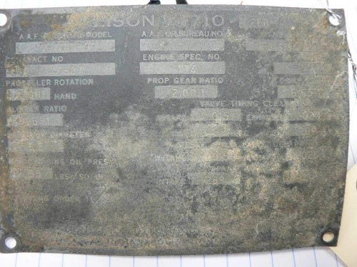 Allison V1710 ENGINE WWII ID PLATE P38 P39 P40 P51 | eBay