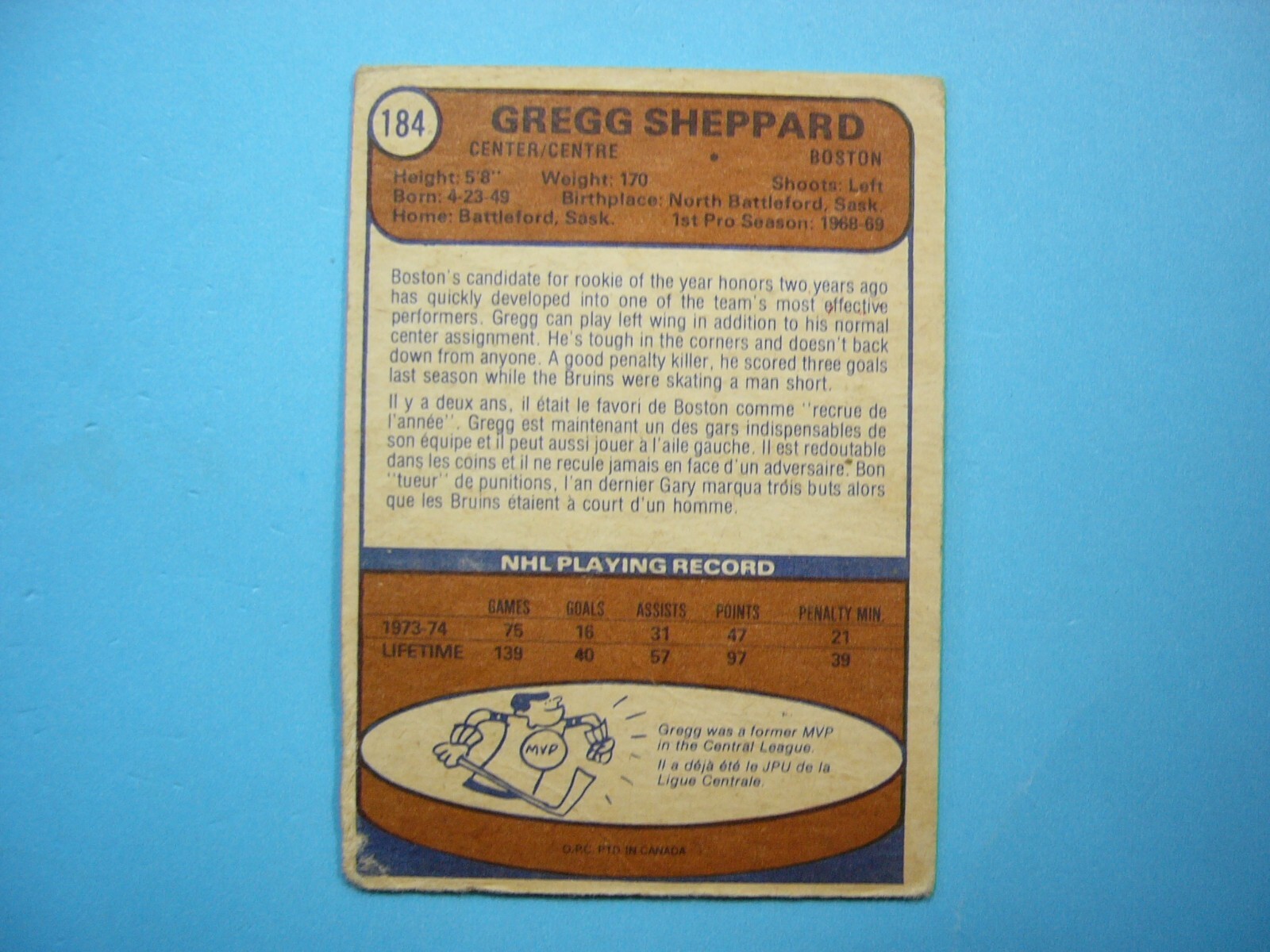 1974/75 O-PEE-CHEE NHL HOCKEY CARD 184 GREGG SHEPPARD GD AUTO AUTOGRAPH ...