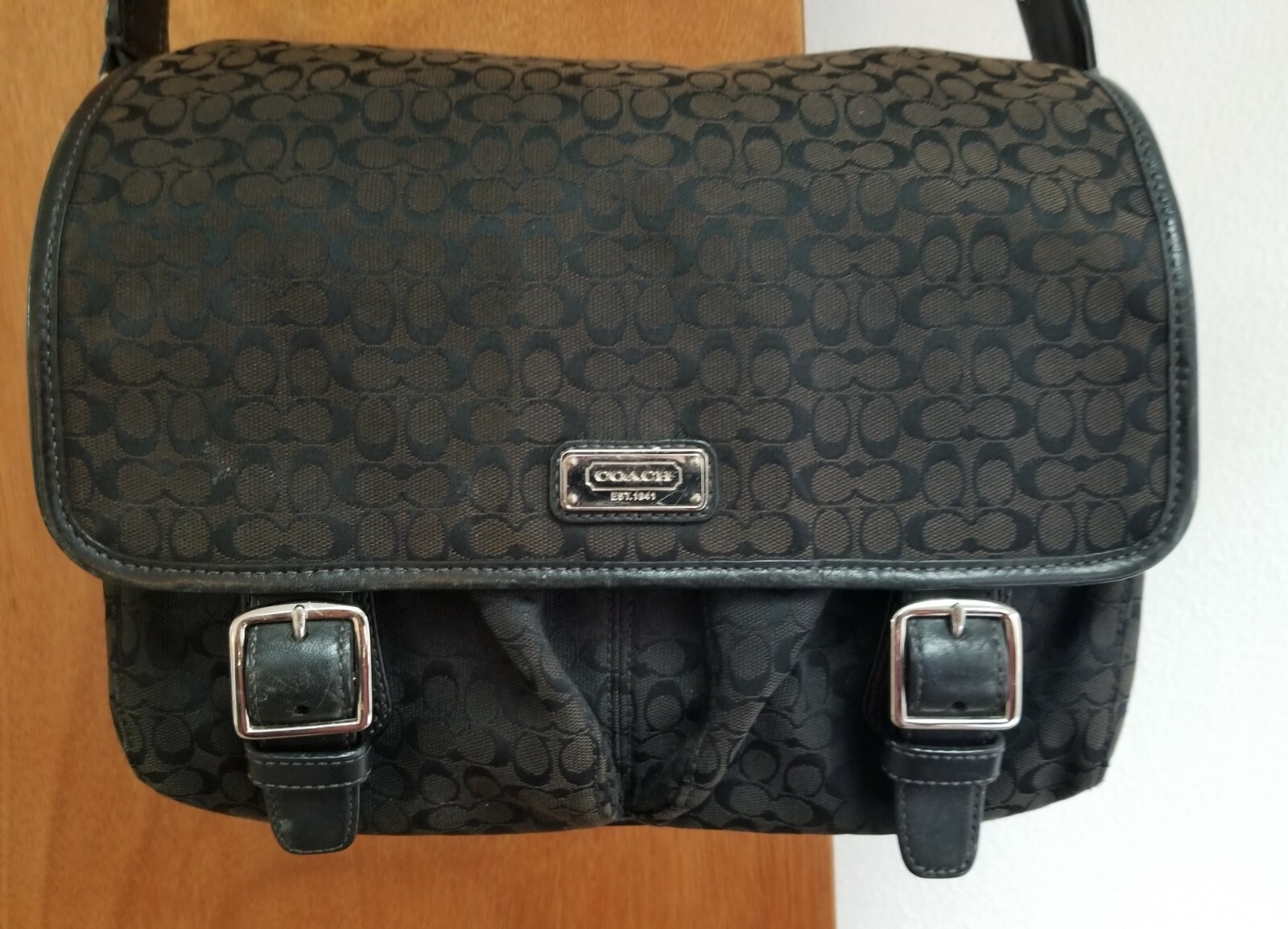 Auth COACH #70283 Unisex Messenger Bag Black Signature Jacquard ...