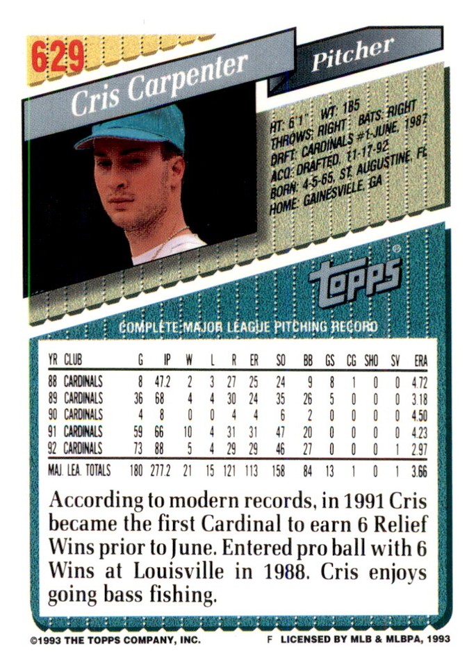 1993 Topps Gold Cris Carpenter Foil MLB Insert PWE Marlins #629 | eBay