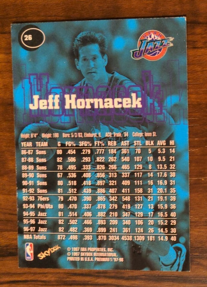 JEFF HORNACEK 1997-98 SkyBox Premium Basketball Card #26 Utah Jazz | eBay