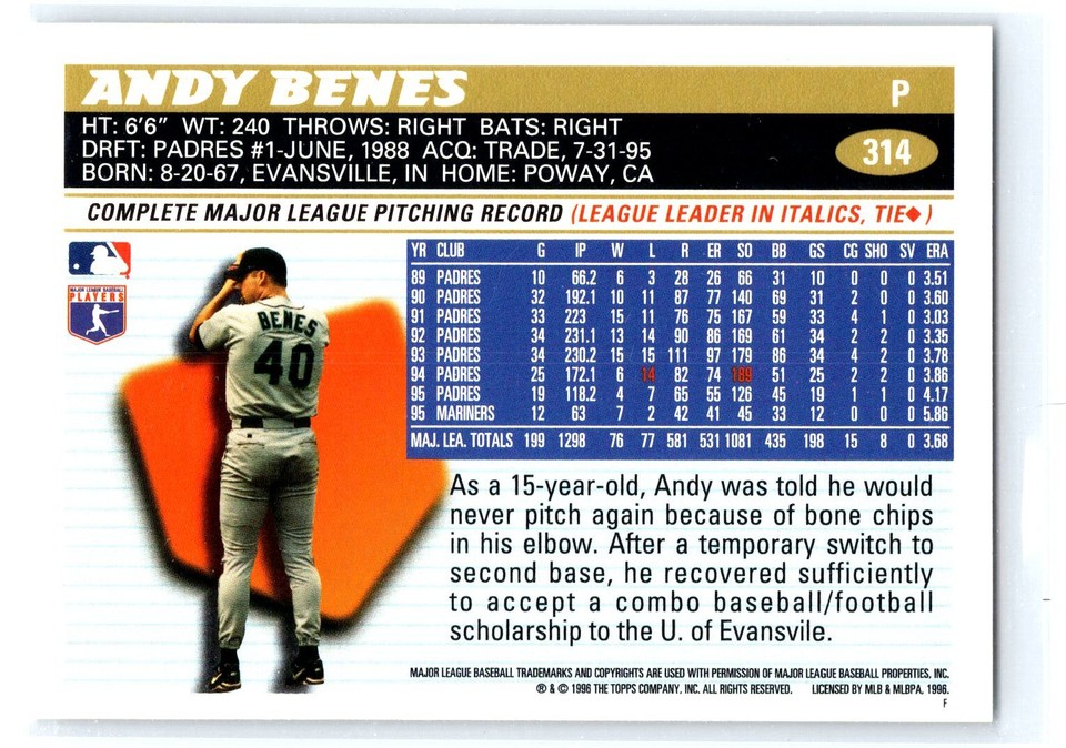 1996 Topps Baseball #314 Andy Benes Seattle Mariners | eBay