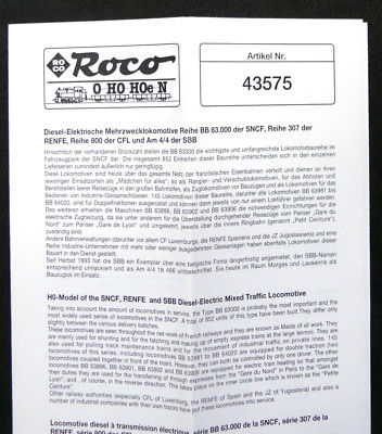 1/87 HO ROCO : NOTICE D'UTILISATION POUR REFERENCE 43575 BB 63000 EN ...