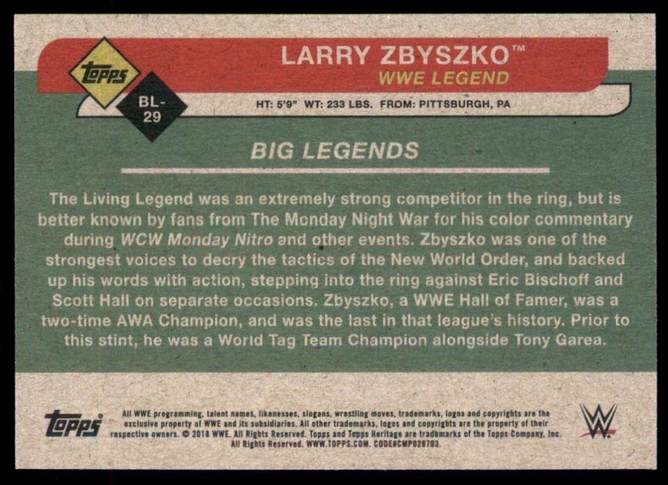 2018 Topps Heritage WWE Big Legends #BL29 Larry Zbyszko | eBay