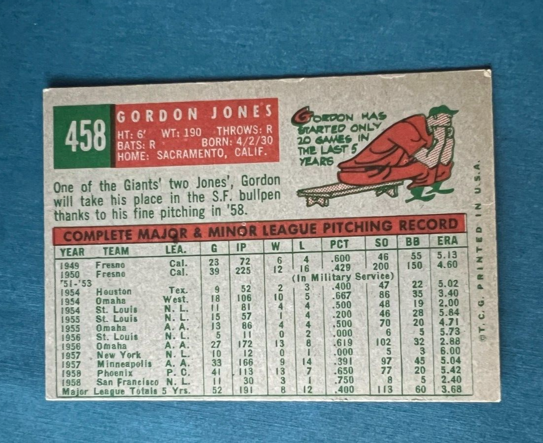 GORDON JONES~ 1959 Topps #458 ~ San Francisco Giants | eBay