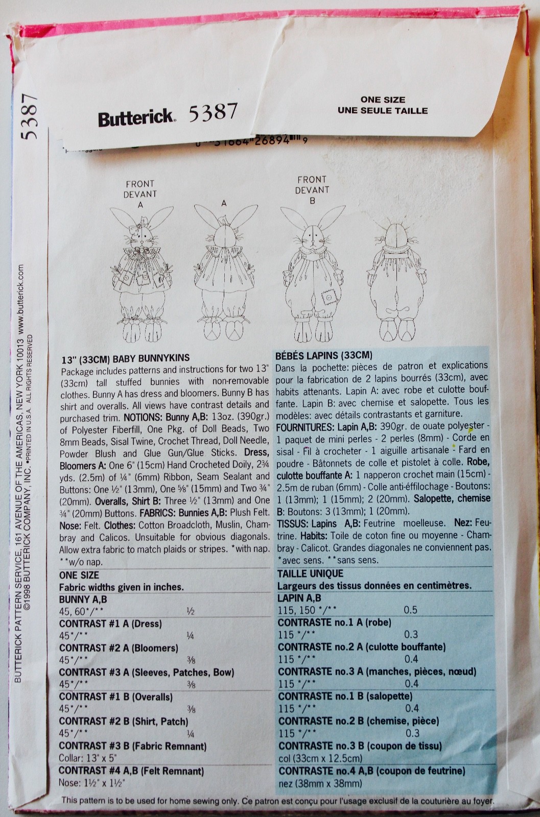 Uncut Vintage 80s Country Bunny Rabbits 3 Size McCall's Faye Wine ...
