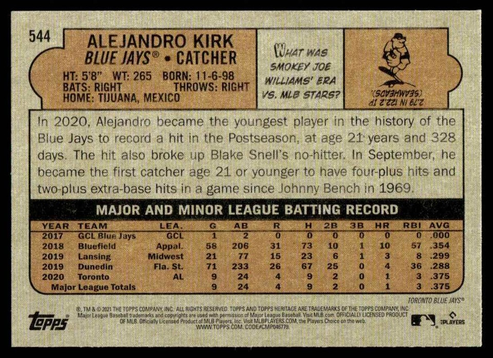 2021 TOPPS HERITAGE BASEBALL CARD ALEJANDRO KIRK #544 RC TORONTO BLUE ...