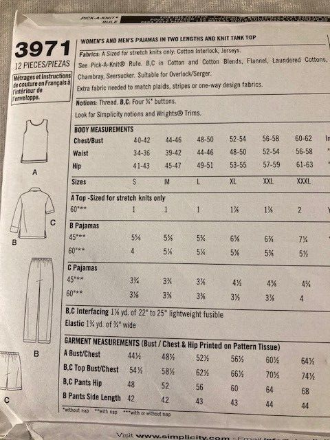Simplicity 3971 Sewing Pattern Unisex Pajamas Size XL-XXXL PJs ...