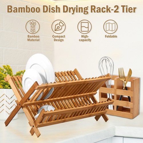 Dish Drainer Drying Rack Bamboo Dishes Drying Rack with 20 Slots 2 Tier ...