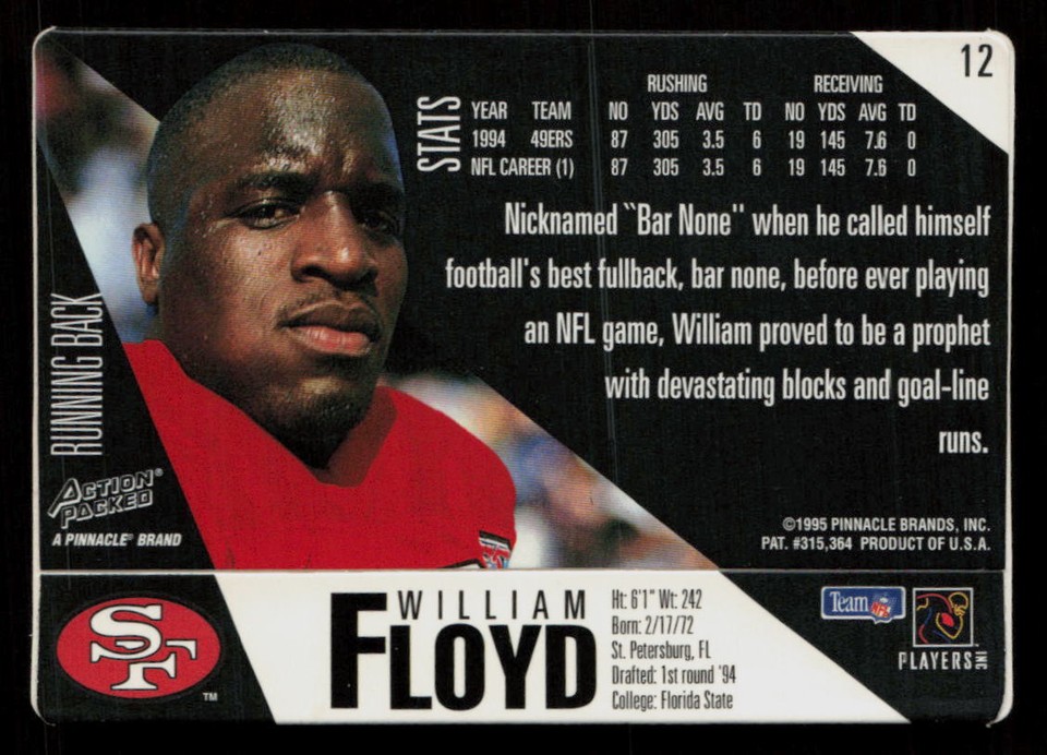 1995 Action Packed #12 William Floyd San Francisco 49ers Football Card ...