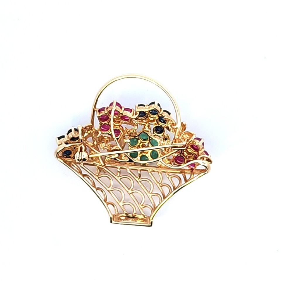 14k Yellow Gold Flower Basket Brooch Pin Diamonds Rubies Emeralds ...