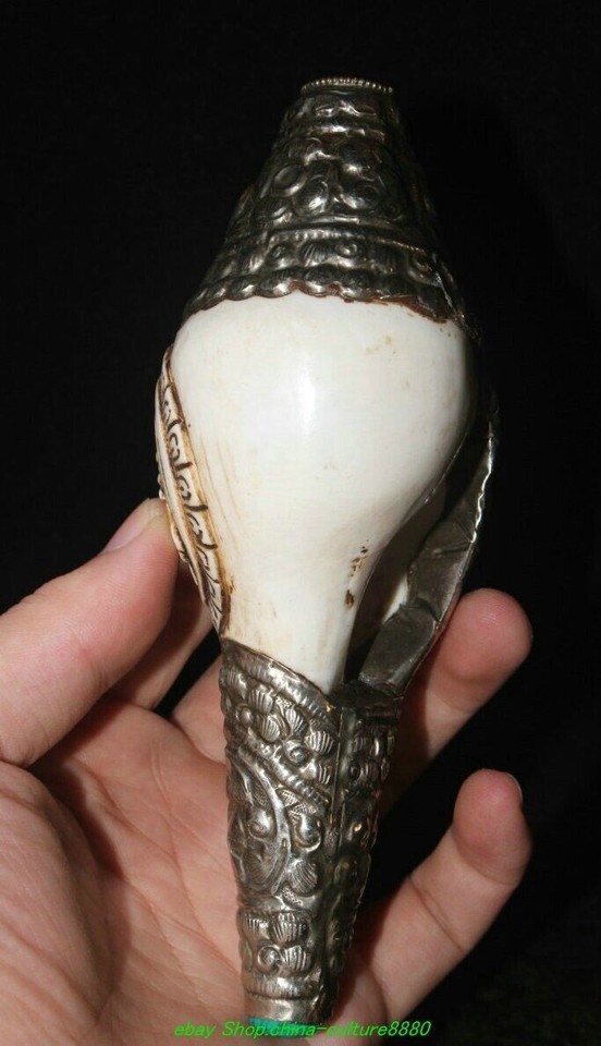 6'' Old Tibet Conch Inlay Bronze Inlay 8 Auspicious Symbol Beast Head ...