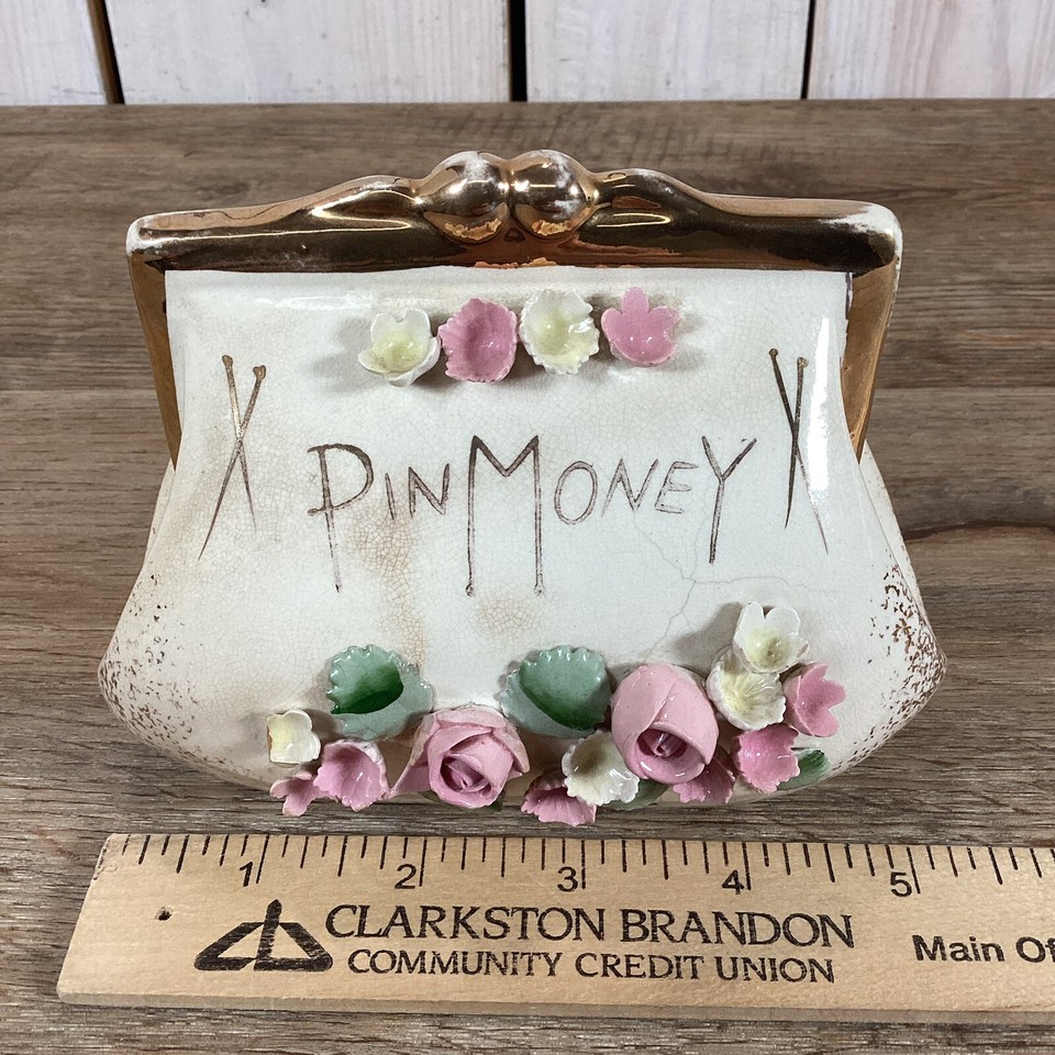 Vintage Stained Lefton PIN MONEY Purse Money Bank, 90256G with Roses ...