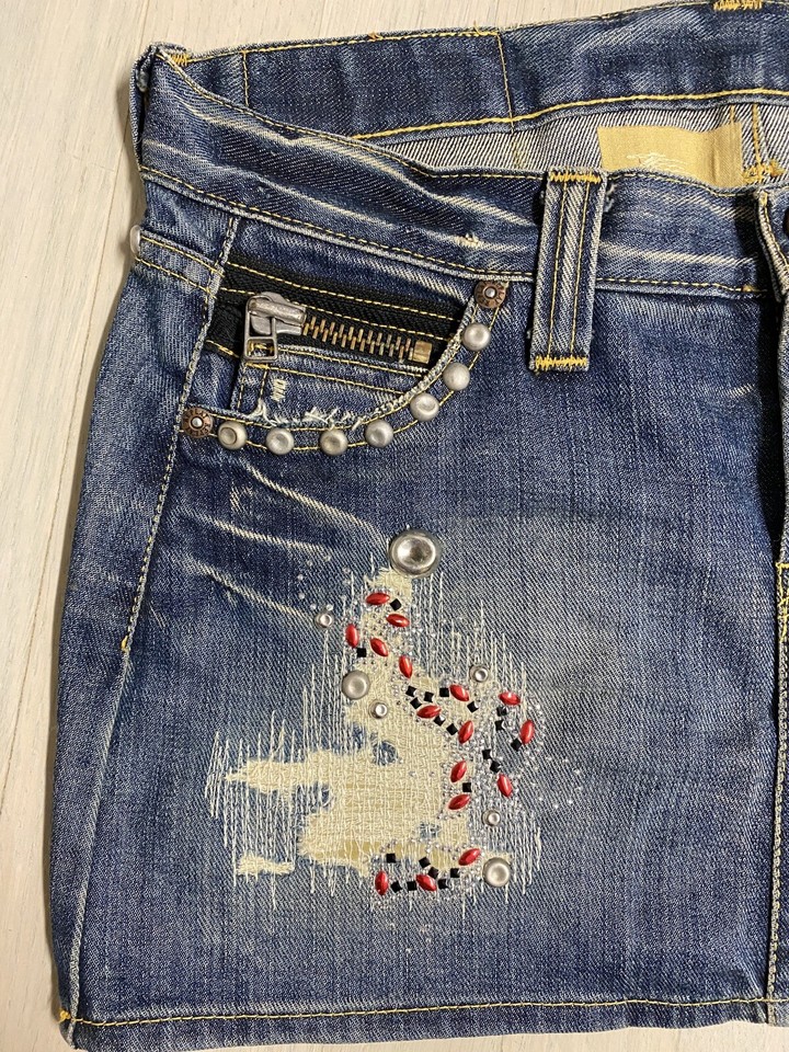 REPLAY Distress Blue Denim Jean Micro Mini Skirt zip sz 28 Y2K Studs ...