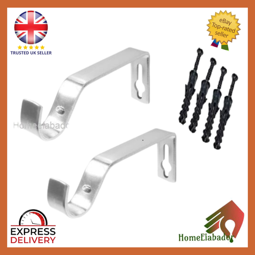 2 Pcs Heavy Duty Silver Metal Curtain Pole Wall Brackets Fixings Rod ...