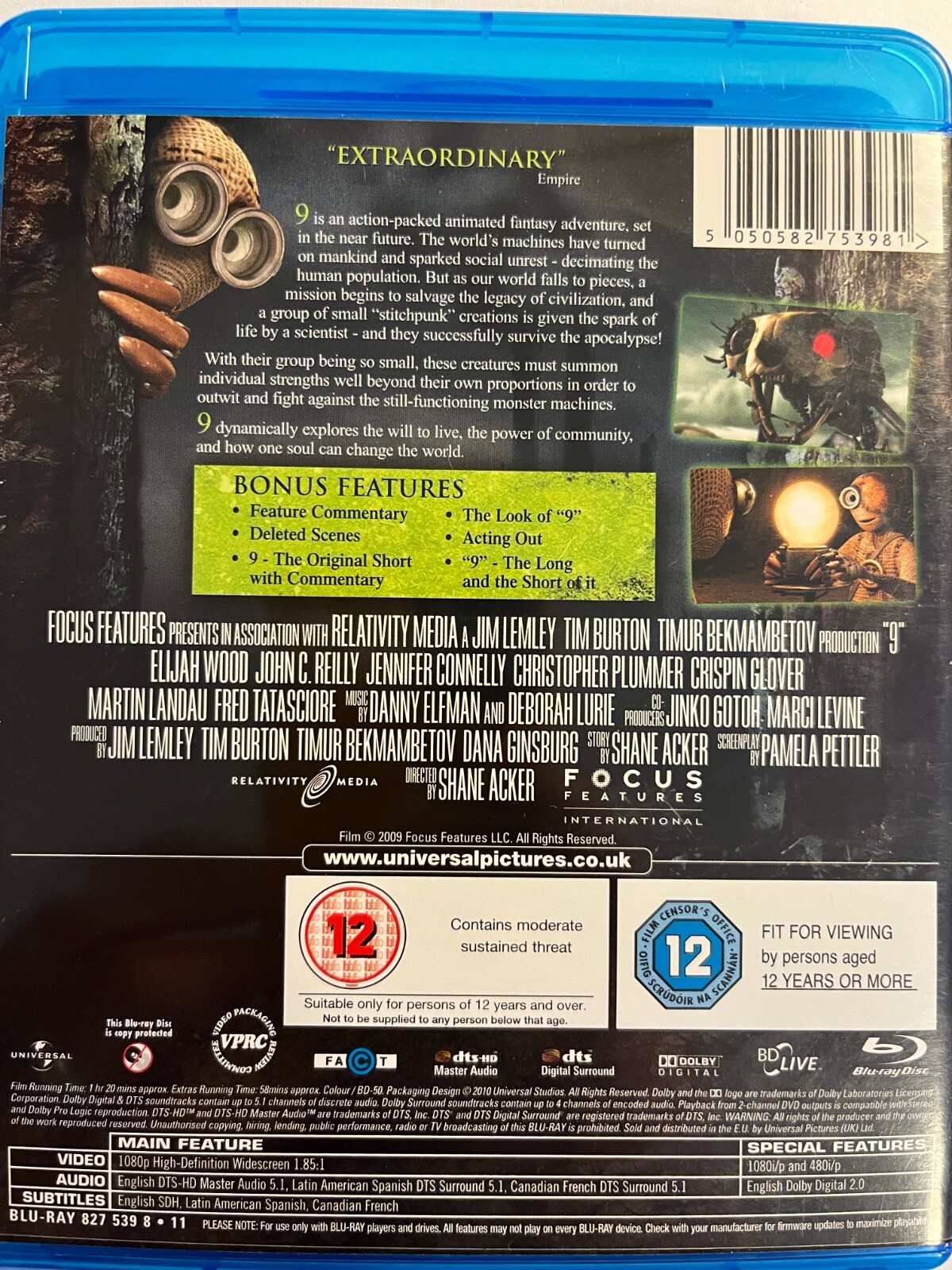 9 Blu-ray 2009 Animated Tim Burton Shane Acker Elijah Wood Exc Cond! | eBay