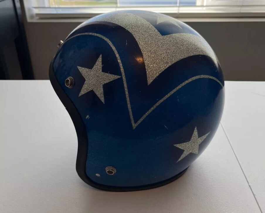 🔥🚨Vintage 1968 Blue Metal Flake Stars Motorcyle Race Helmet W/Shield Sz ...