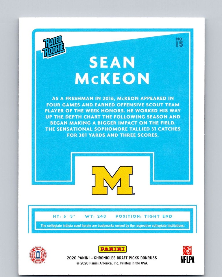 2020 Panini Chronicles Draft Picks #15 Sean McKeon Michigan Wolverines ...