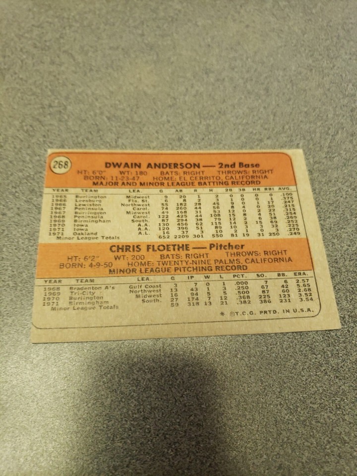 1972 Topps 268 Oakland A's Rookie Stars Dwain Anderson Chris Floethe RC ...