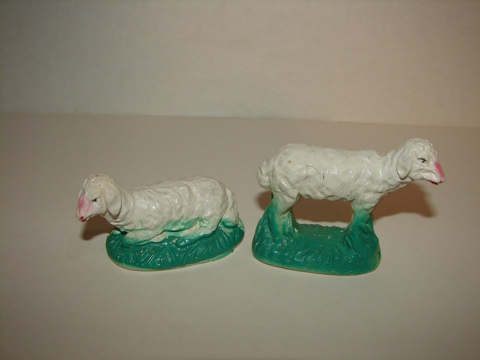 Vintage Manger Nativity Creche Chalkware Composite Lamb Sheep Lot (2 ...