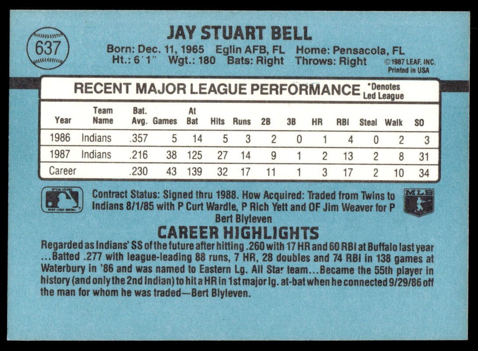 1988 Donruss #637 Jay Bell * Cleveland Indians * Signed * Auto * RC | eBay