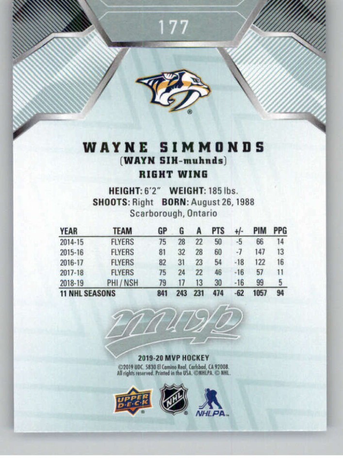 2019-20 Upper Deck MVP #177 Wayne Simmonds NM-MT Predators ID:170423 | eBay