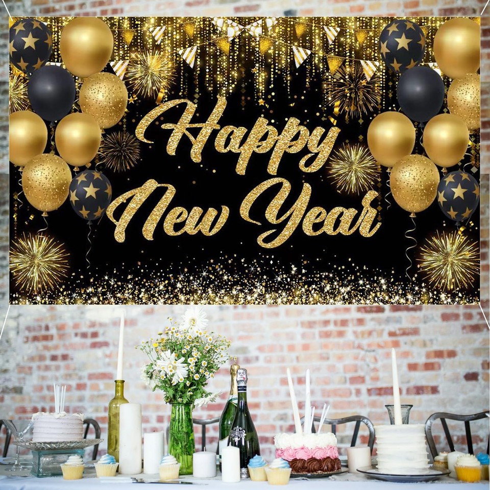 New Year Decorations – Black and Gold Happy New Year Banner, 71 x 43 ...