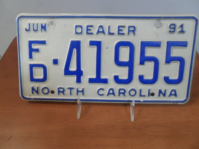Original, 1991 NORTH CAROLINA DEALER, License Plate, Tag, FD-41955, JUN ...