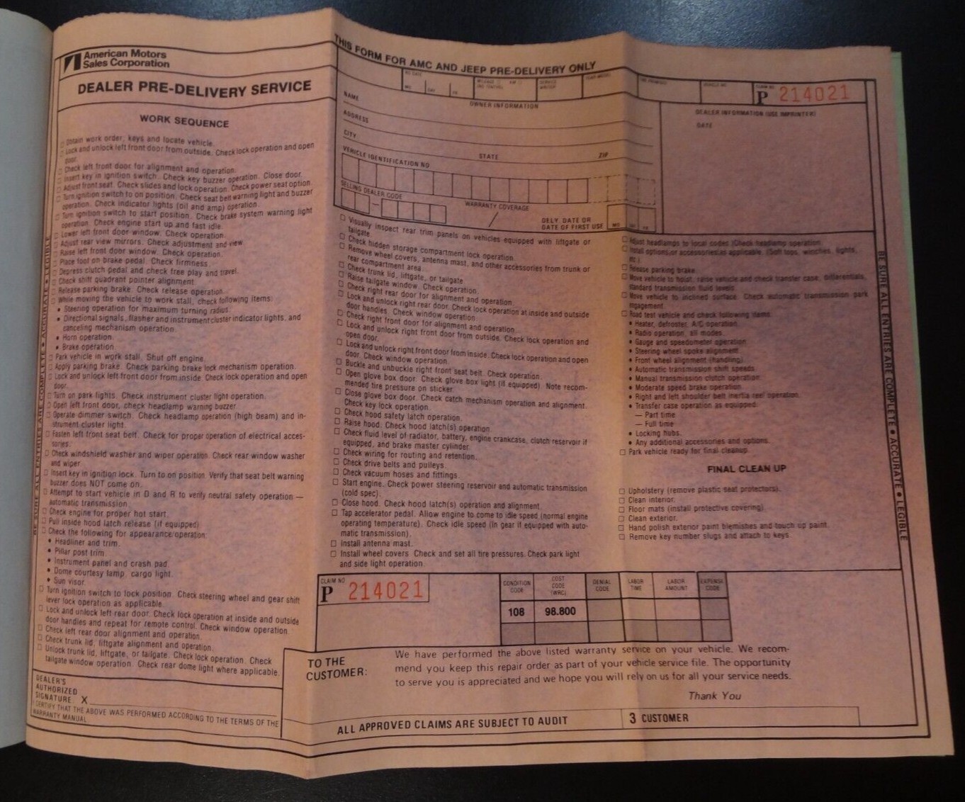 NOS AMC/Jeep Dealer Pre-Delivery Service inspection Checklist/Claim ...