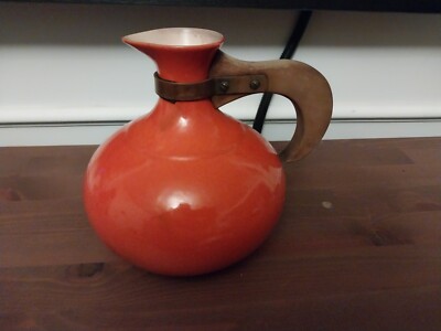 Bauer Pottery Los Angeles Orange Pitcher Carafe Wooden Handle Vintage ...